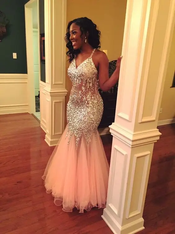 2017 Sexy Evening Dress African Prom Dress Beading Crystal Rhinestones Prom Dresses For Black