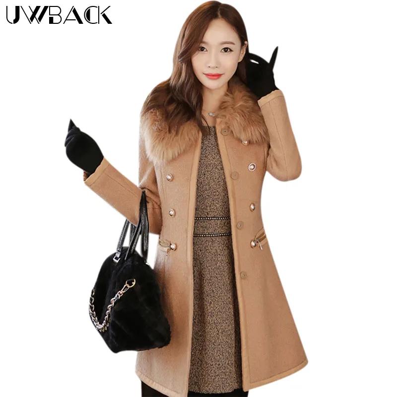 Uwback 2017 lã colarinho de pele sobretudo de trincheira fino feminino casaco longo de lã ...