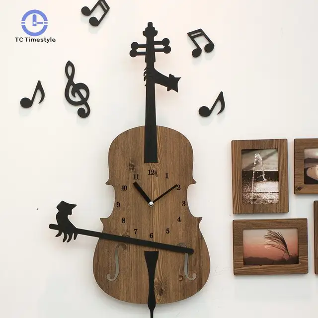 Art Deco Wall Clock Wooden Cute Cartoon Violin Modern Design Wall ...