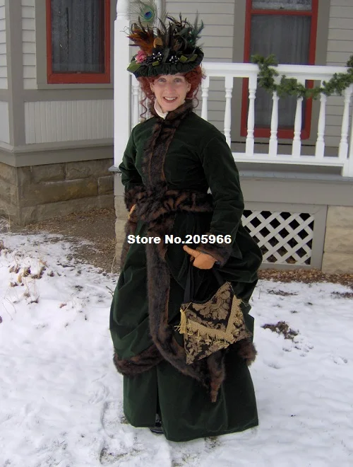 1800s Victorian Winter Dress 1880s Green Velvet Fur Trim Bustle Gown ...