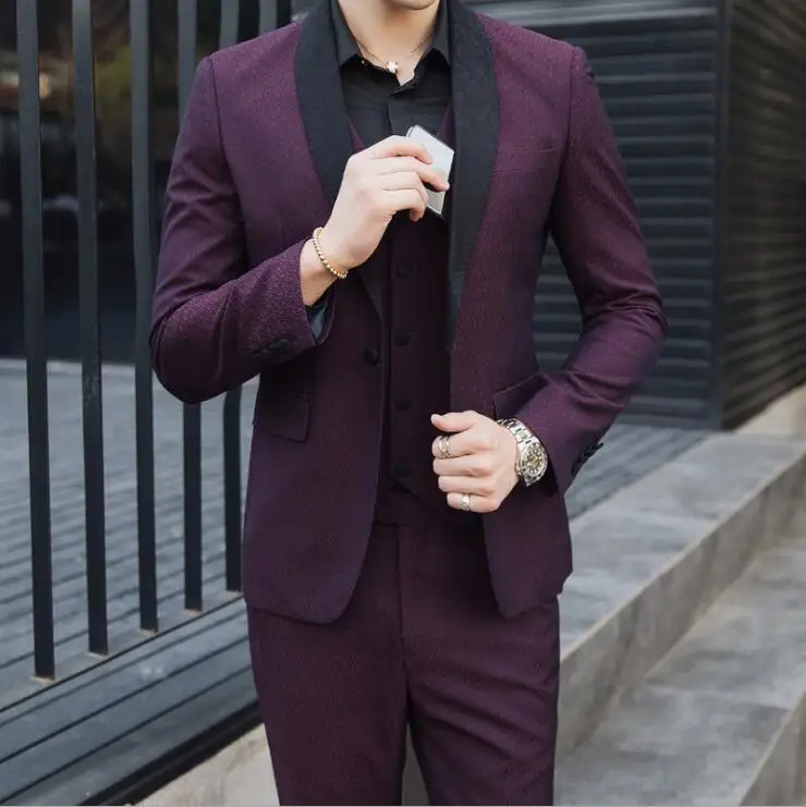 3 Pieces Men's Suit Korean Style Casual Jacquard Suit Men Clothes Dress ...