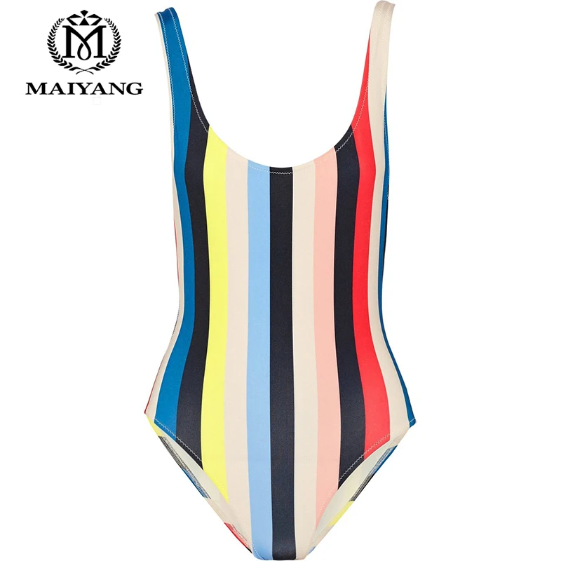 One Piece Suits Rainbow Stripe Swimsuit Bodysuit Women Swimwear Sport