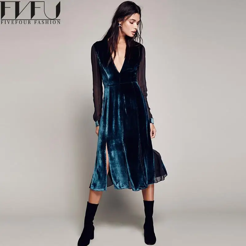 Fashion 2018 Spring Autumn Dress Women Vintage Velvet Dress Women High