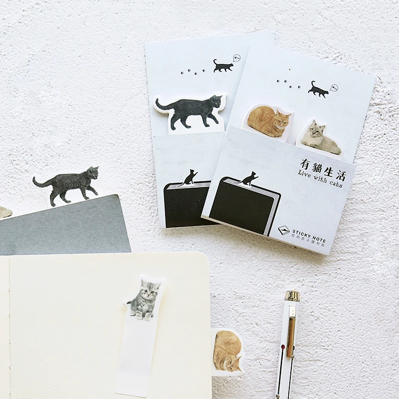 4pcs Live With Cats Sticky Note And Memo Pad Cute Cat Sticker Journal ...