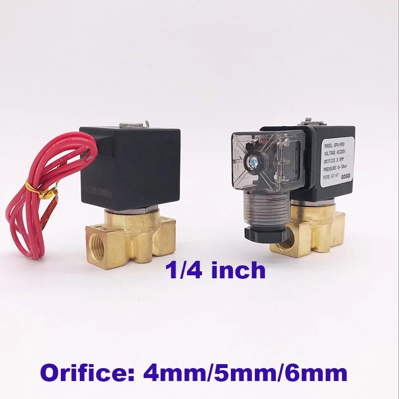 GOGO 2 way Brass water solenoid valve 0bar low pressure start G1/4" Orifice 4mm/5mm/6mm 12V 24V ...