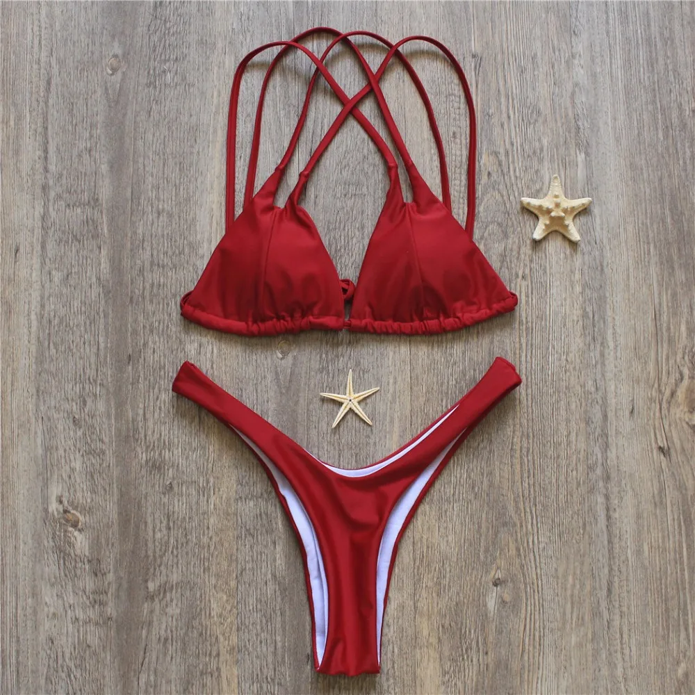 Sexy Swimsuit Swimwear Women Cross Strap Micro Bikini Solid Color Bikini Thong Biquini Brazilian ...