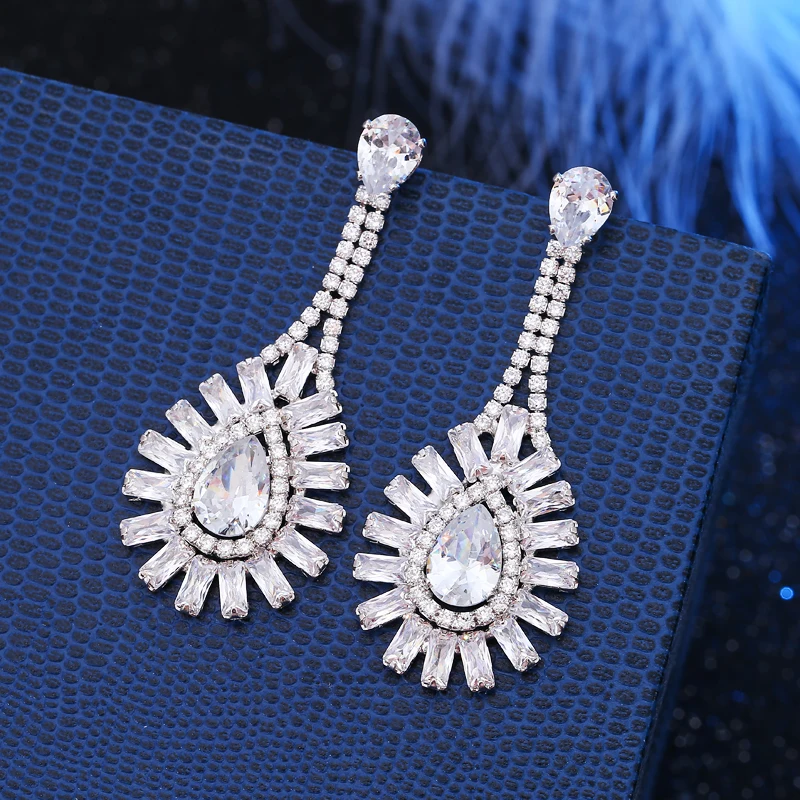 luxury water drop dangle earrings with cz stones white gold color big ...