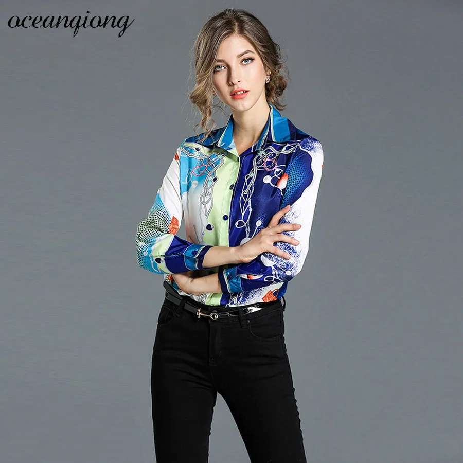 Blouse Shirts Female Loose Long Sleeve Women Blouses Print Vintage Blue ...