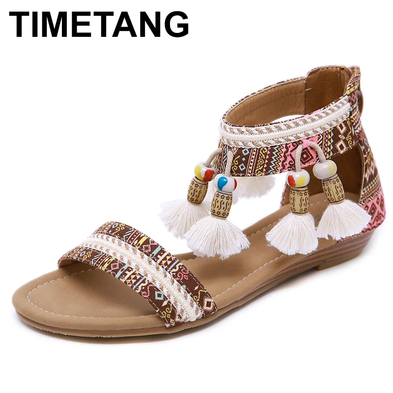 Timetangwomen Bohemian Boho Sandals Ethnic Totem Fringe Tassel String ...