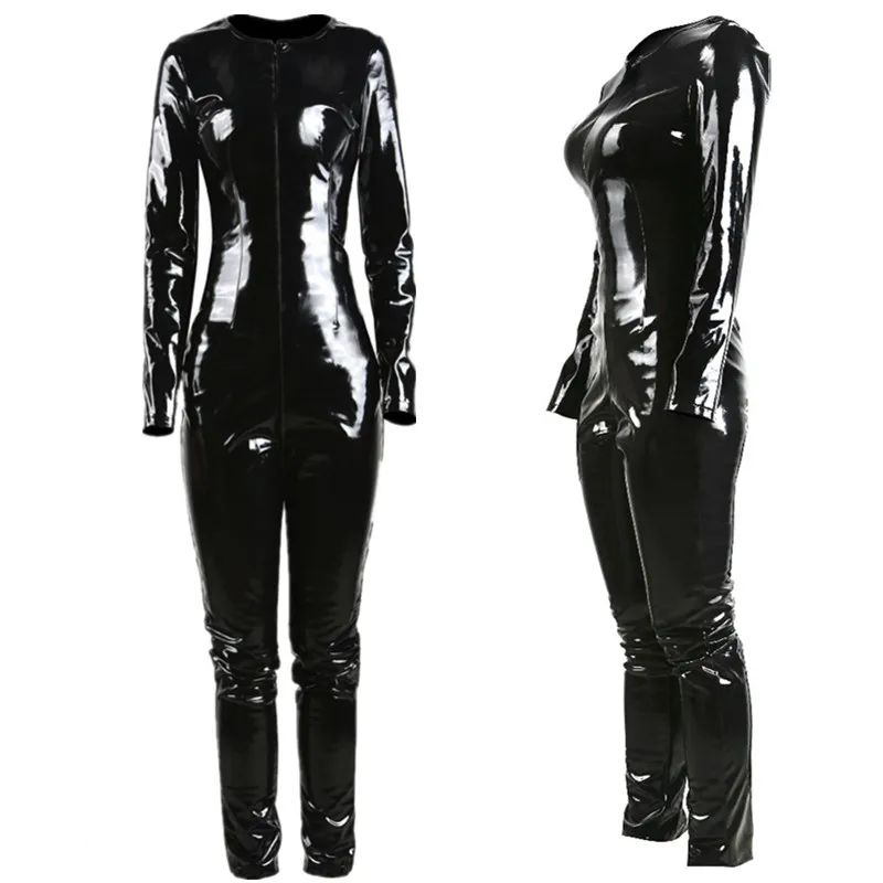 2018 Hot Black Pvc Latex Wet Look Bodysuits Long Sleeves Front Zipper