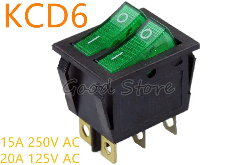 1PCS KCD6 6 Pin 2 Position 15A 250V 20A 125VAC ON OFF With Green Light ...