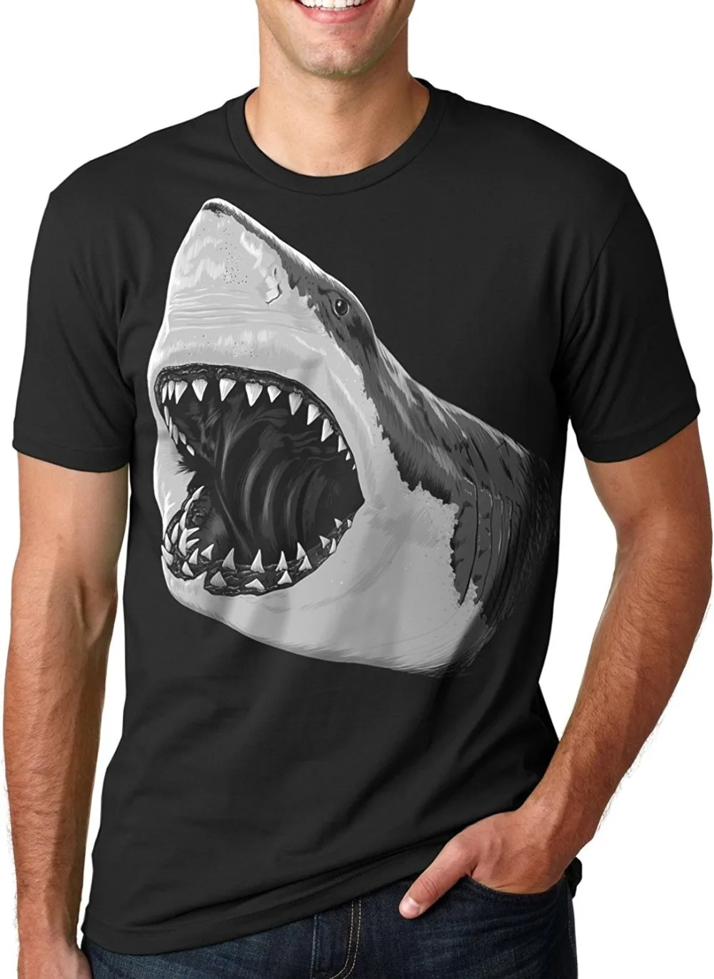 Men's Great White Shark T Shirt Pearly Teeth Jaws Attacking Cool ...
