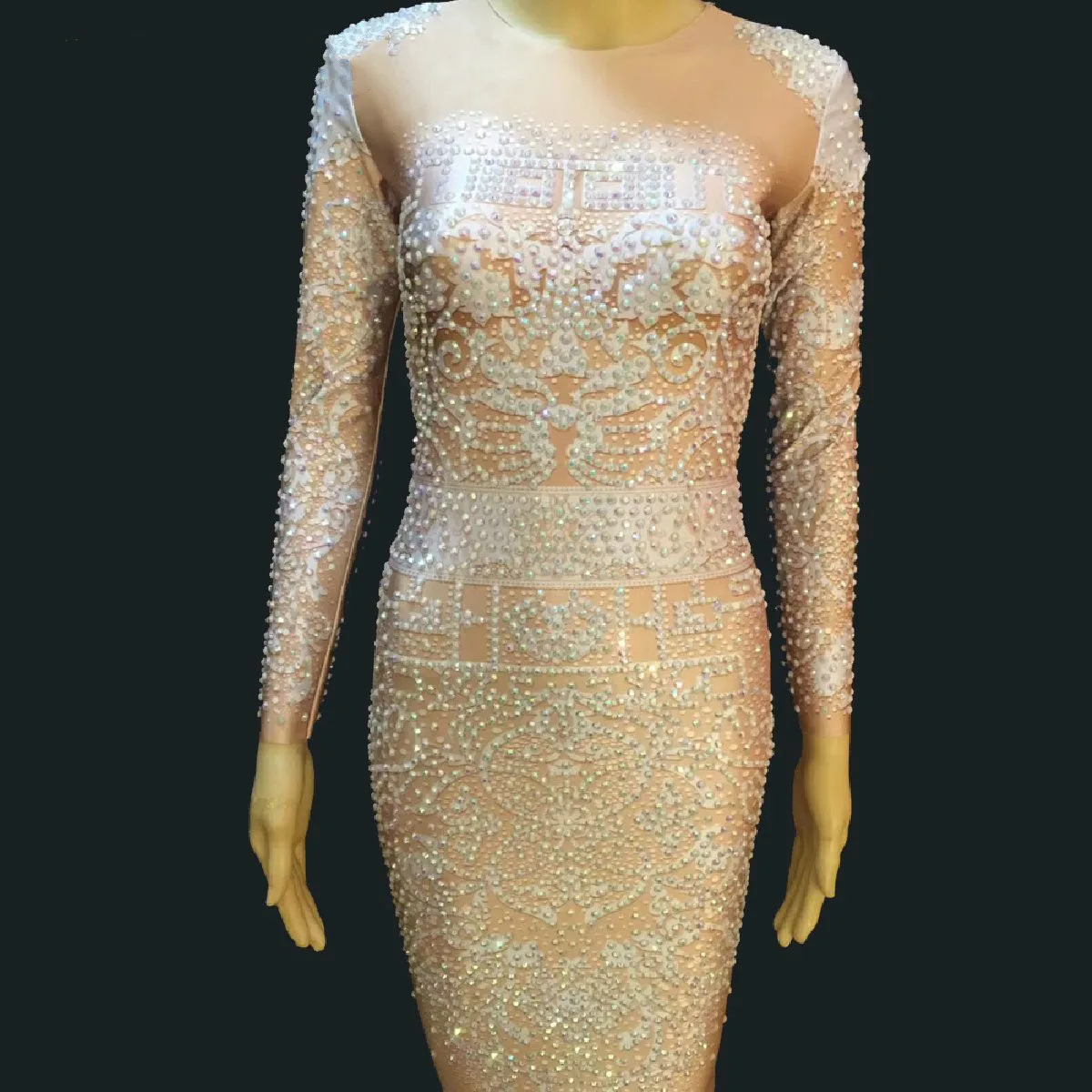 Sparkly Rhinestones Mesh Dress Women Birthday See Through Outfit