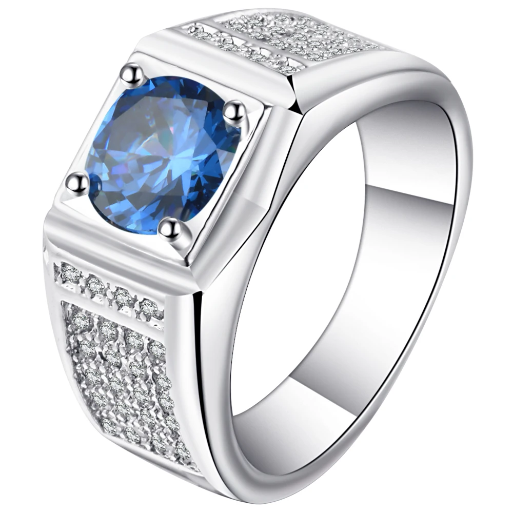 Men's silver color Sqaure Blue Stone sky blue Zirconia Crystal Stone ...