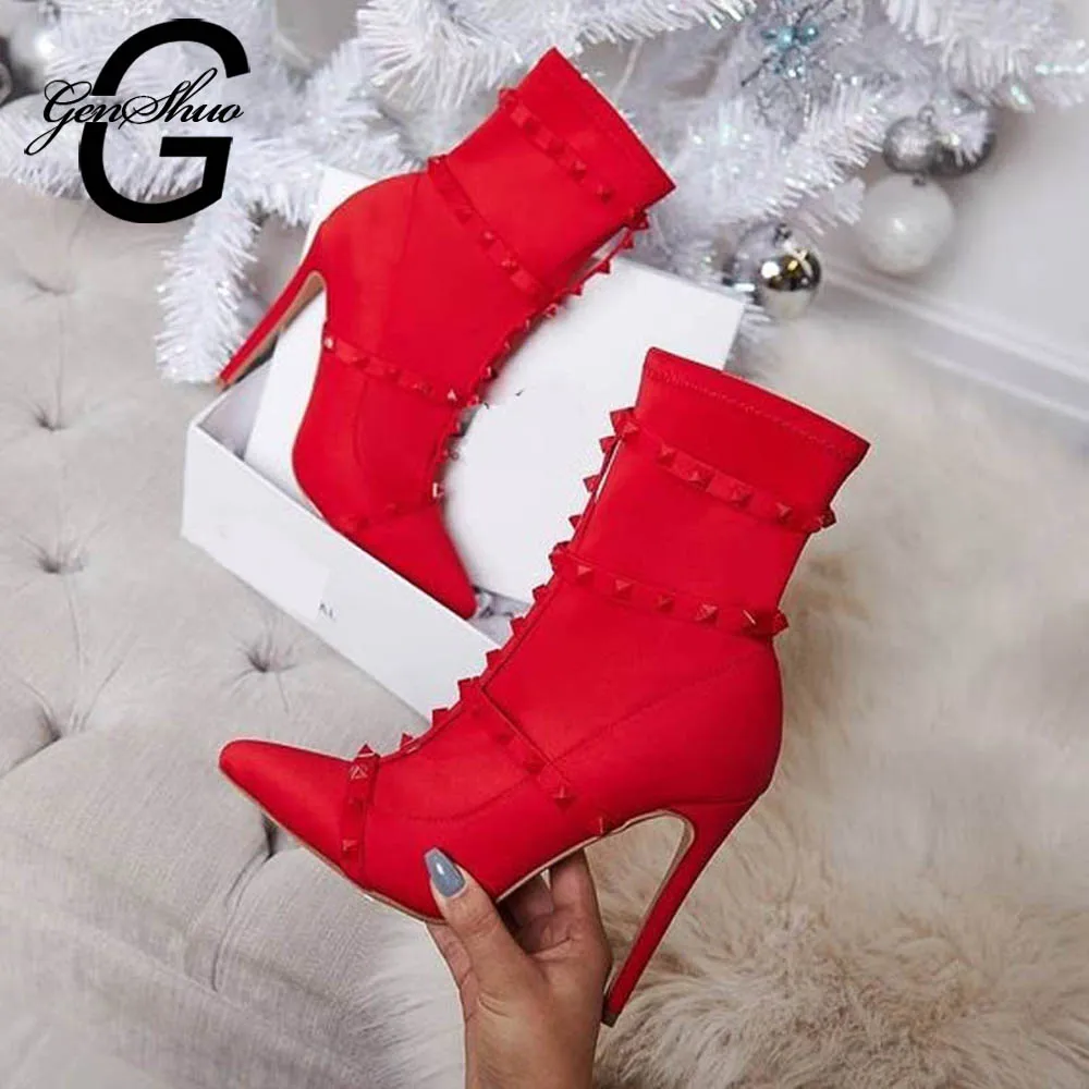 Genshuo 2018 New Sexy Rivet Women Boots Mid Calf Boots Red Black Belt Buckle Stiletto Women