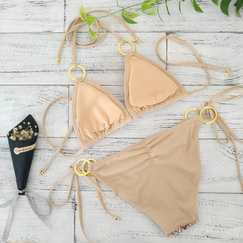 Gold Sequins Bikini Set 2019 New Halter Metal Swimsuit Solid Swimwear ...