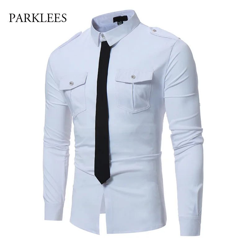 Mens Fake Tie Designed Dress Shirts 2018 Brand Hit Color Slim Fit Long ...