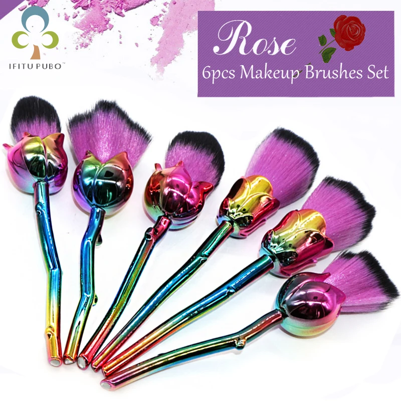 6 Pcs/Set Rose Gloden Flower Shape Makeup Brushes Set Cosmetic Powder ...