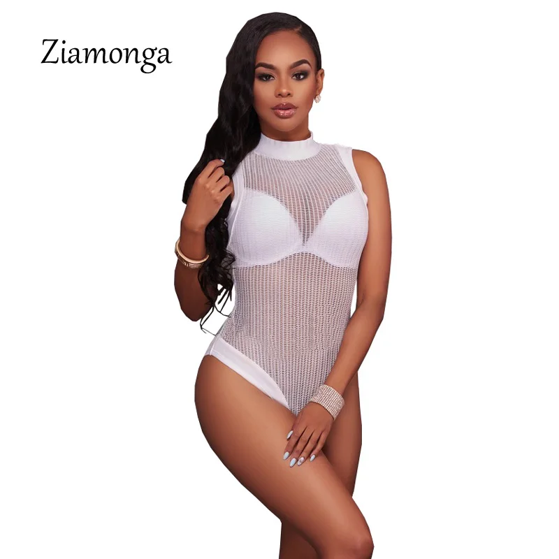 Ziamonga Sexy Bodysuit Women 2017 Fashion Black White See Through Mesh