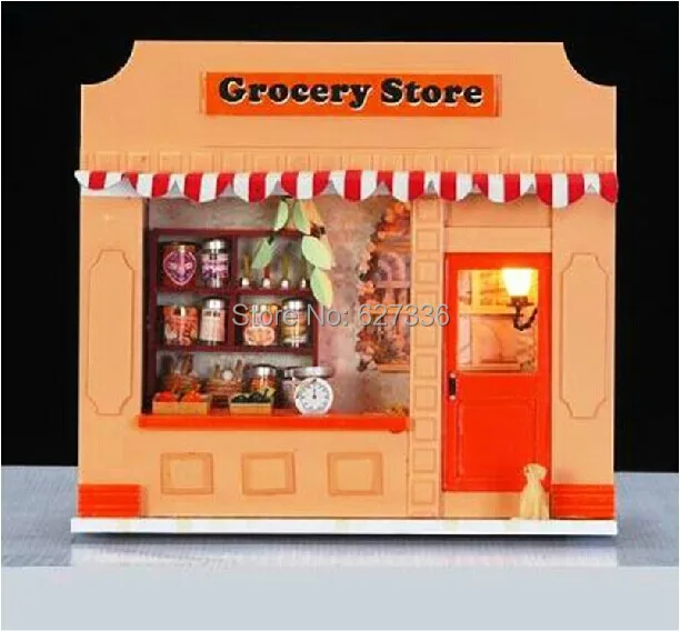 Convenience store, grocery store, with LED lights, wooden house model ...