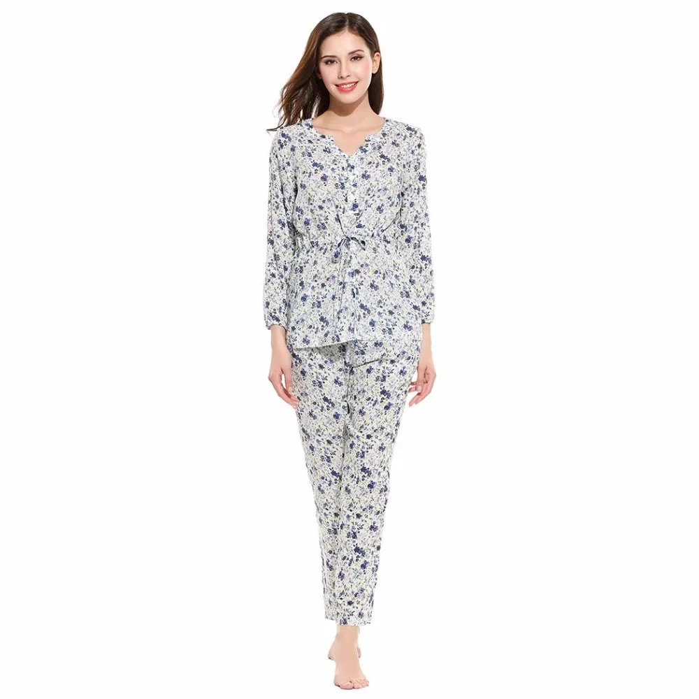 Ekouaer Sleepwear Women Rayon Pajama Set V Neck Long Top And Pant