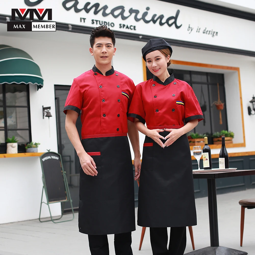 Men Women Double Breasted Short Sleeve Stitching Color Kitchen ...