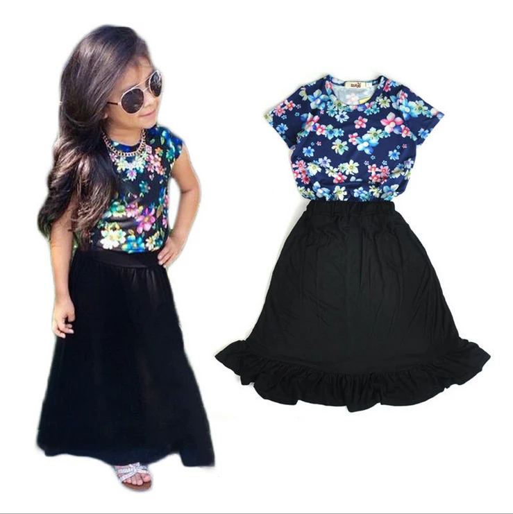 2017 Summer Girls Set T shirt + dress 2pcs /suits clothing sets floral ...