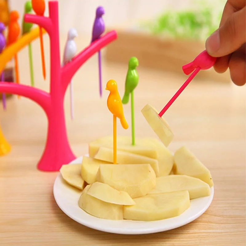 1 Set Candy Color Fruit Forks Tree Branches Bird Shape PP Plastic Safty ...