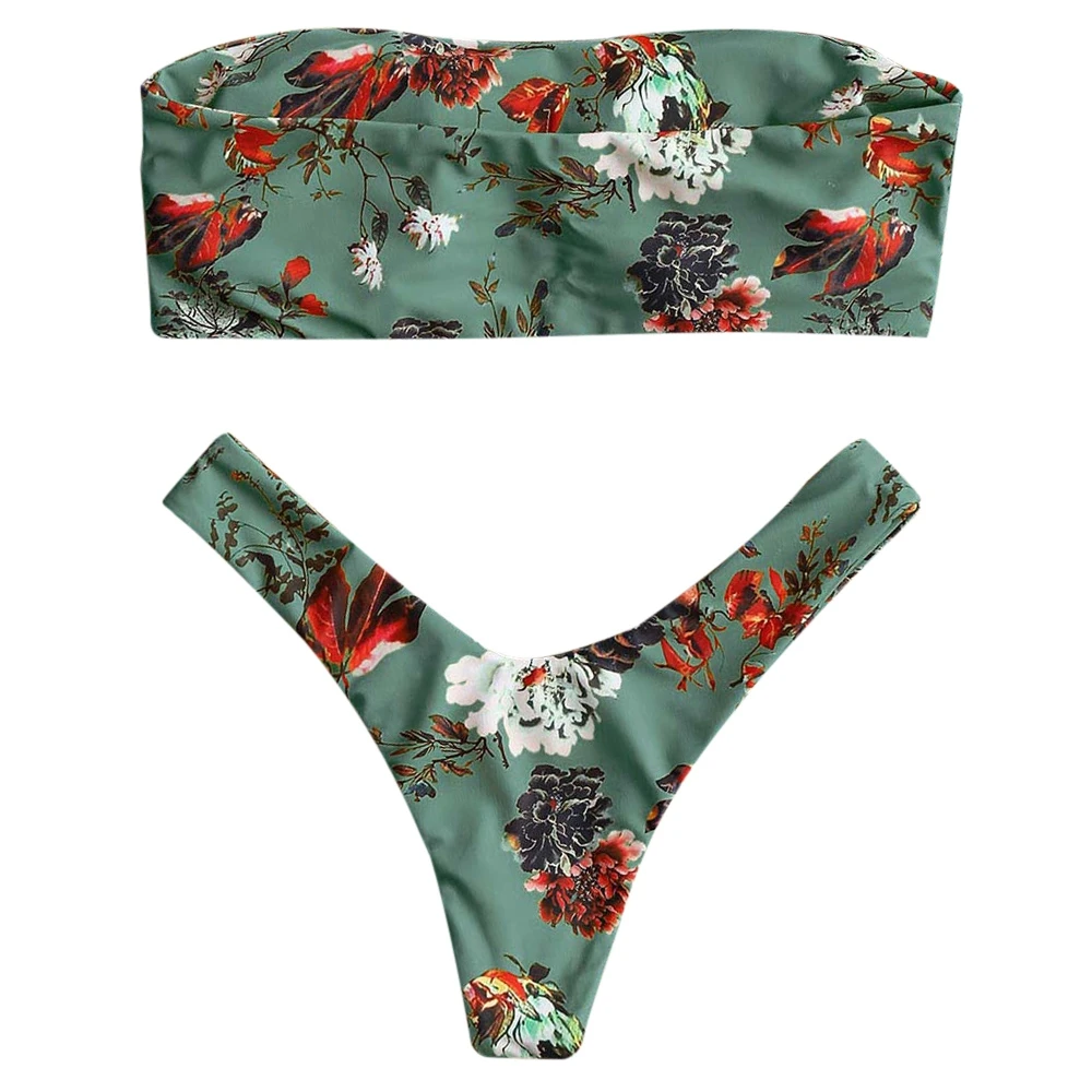 Women Sexy Floral Bandeau Thong Bikini Set Women Swimsuit Swimwear ...