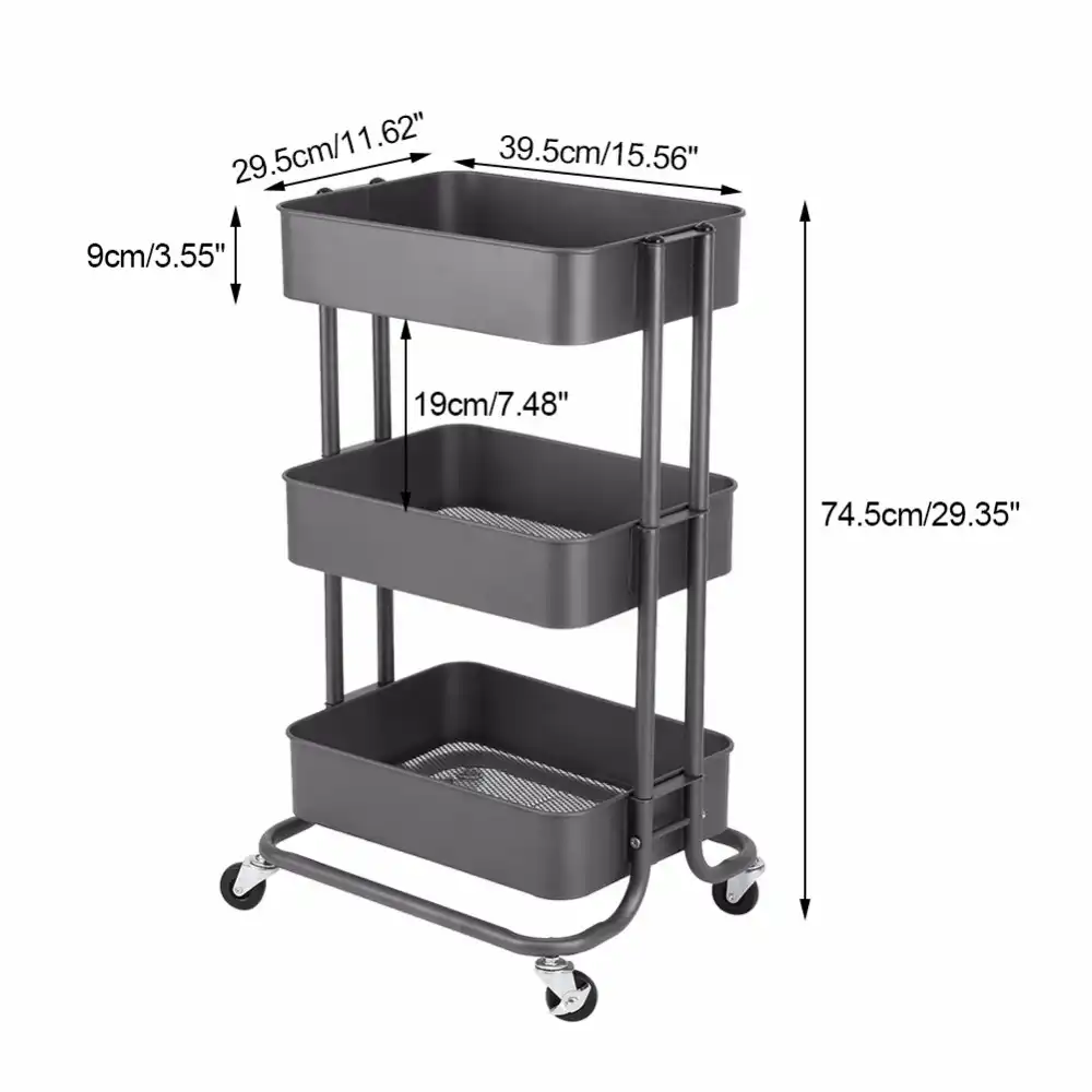 3 Tiers Height Adjustable Storage Rack Trolley Sturdy Cart Slim Rolling ...