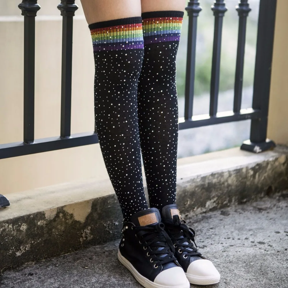 Girls Women Rainbow Stripe Stockings Hot Drilling Pure Cotton Knee