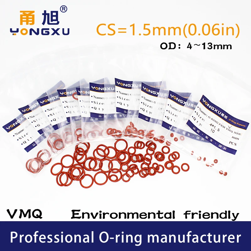 10PCS/Lot Red Silicone Ring VMQ O-Ring CS1.5mm Thickness OD4/5/6/7/8/9/10/11/12/13*1.5mm O Ring ...