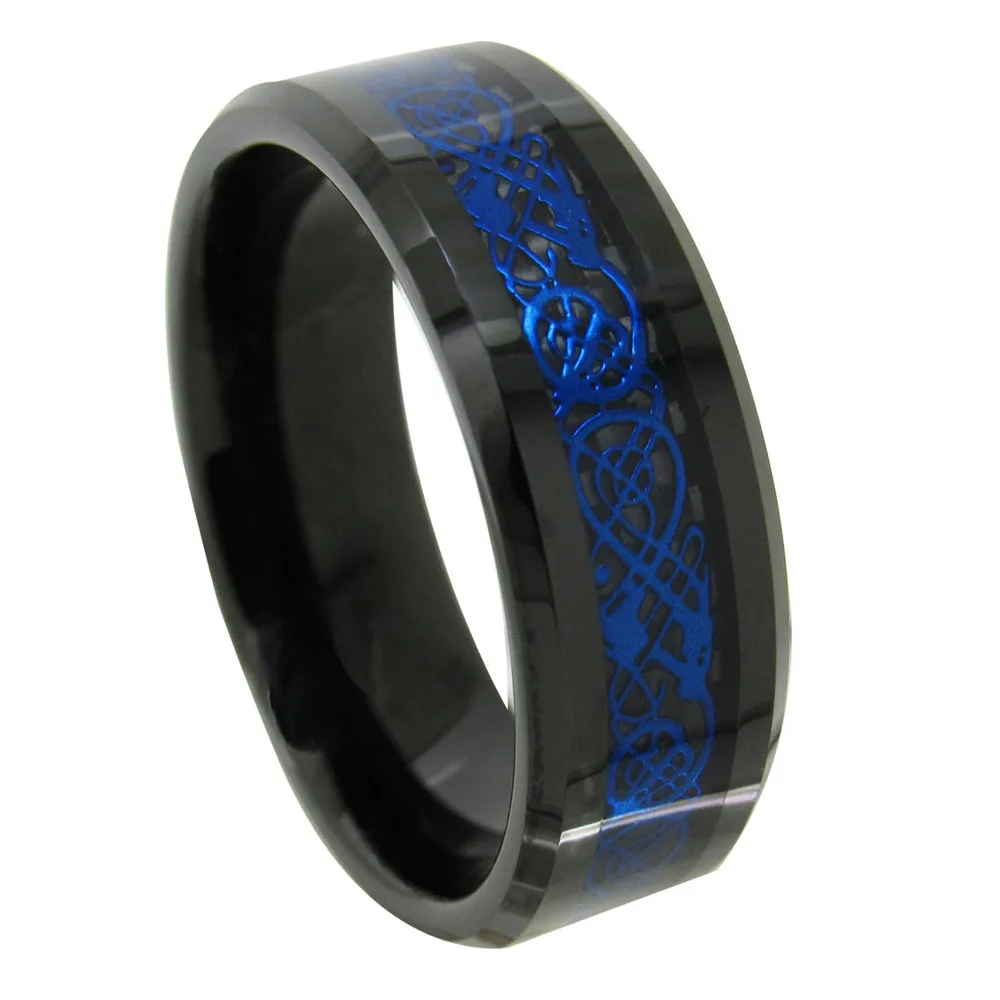8mm Tungsten Carbide Rings Blue Celtic Dragon Inlay With Black ...