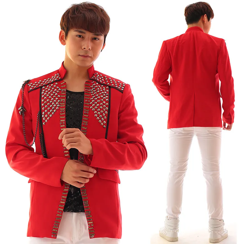 Fashion New Red Men's Jacket Handmade Rhinestones Chains Slim Casual ...