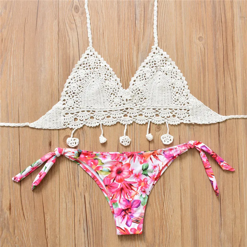 2019 two piece micro white Swimsuit knitting Bikinis string bikini set ...