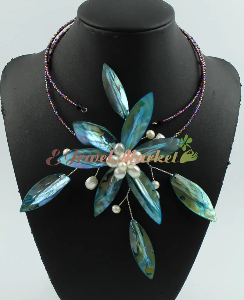 N16080814 blue shell FW pearl flower choker necklace|choker necklace ...