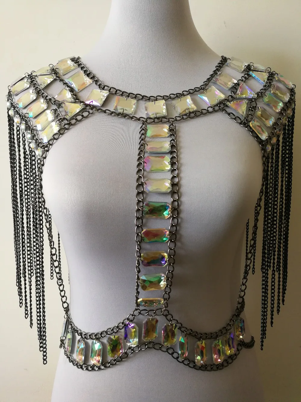 Fashion Style WRB1006 Women Gray Chains AB Colorful Beads Necklace Bra ...