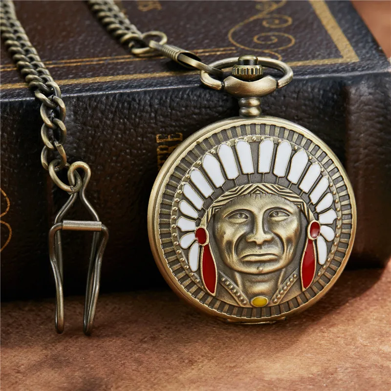 Retro Indian Character Avatar Quartz Pocket Watch FOB Chain Bronze Hand ...