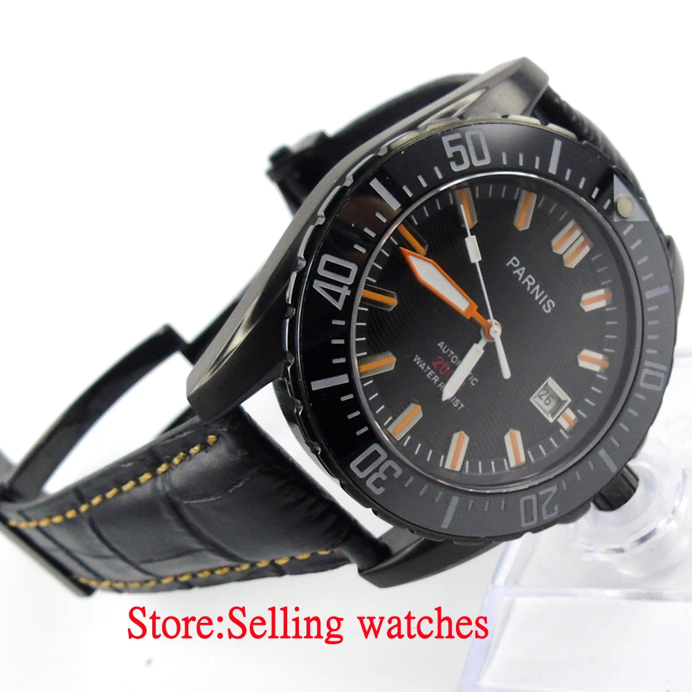 Parnis watch 43mm Black dial Sapphire glass Ceramic Bezel PVD Diver ...