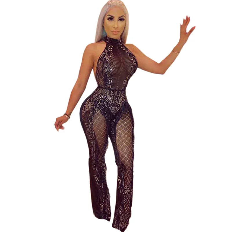Sexy Sheer Mesh Black Sequin Jumpsuit Women Rompers Sleeveless Halter