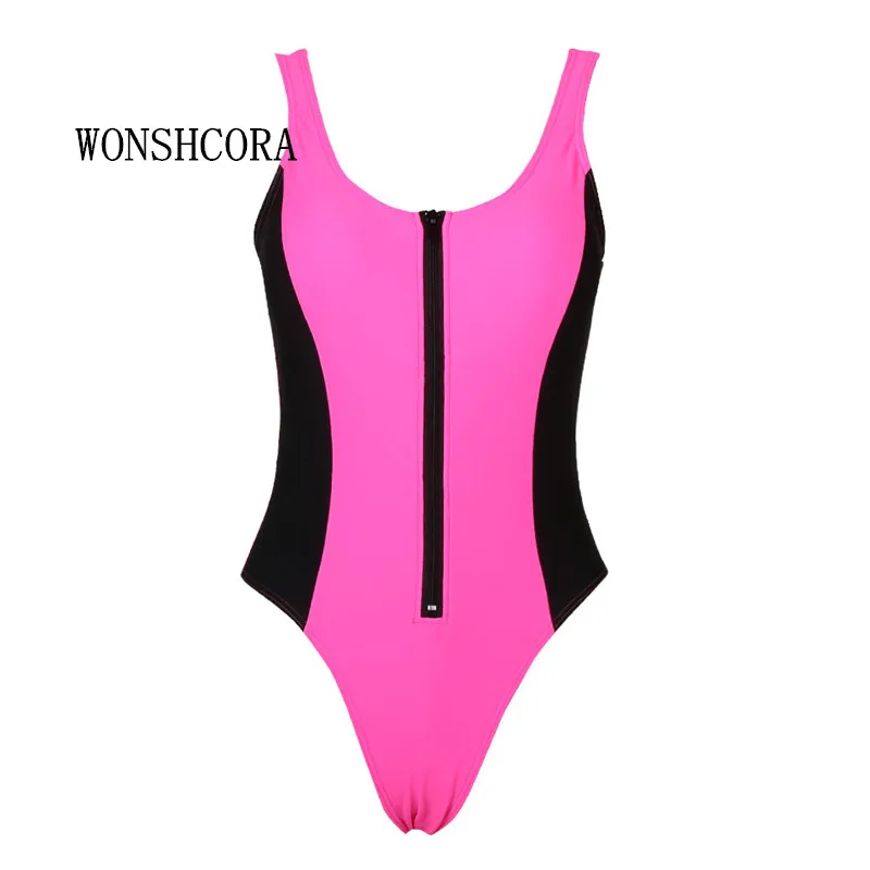 Wonshcora 2017 Sexy Zipper One Piece Swimsuit Rose Patch Biquini Thong