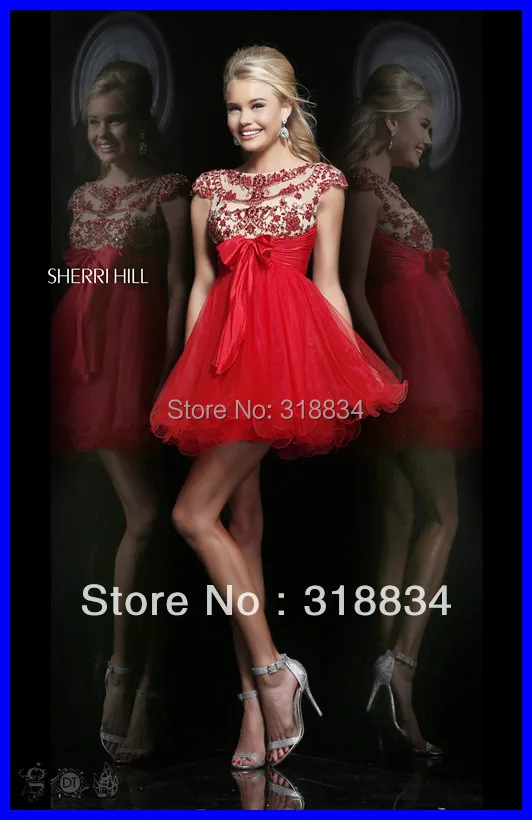 2015 Sexy Red Mini Cocktail Dresses Cap Sleeve Beads Crystals A Line ...