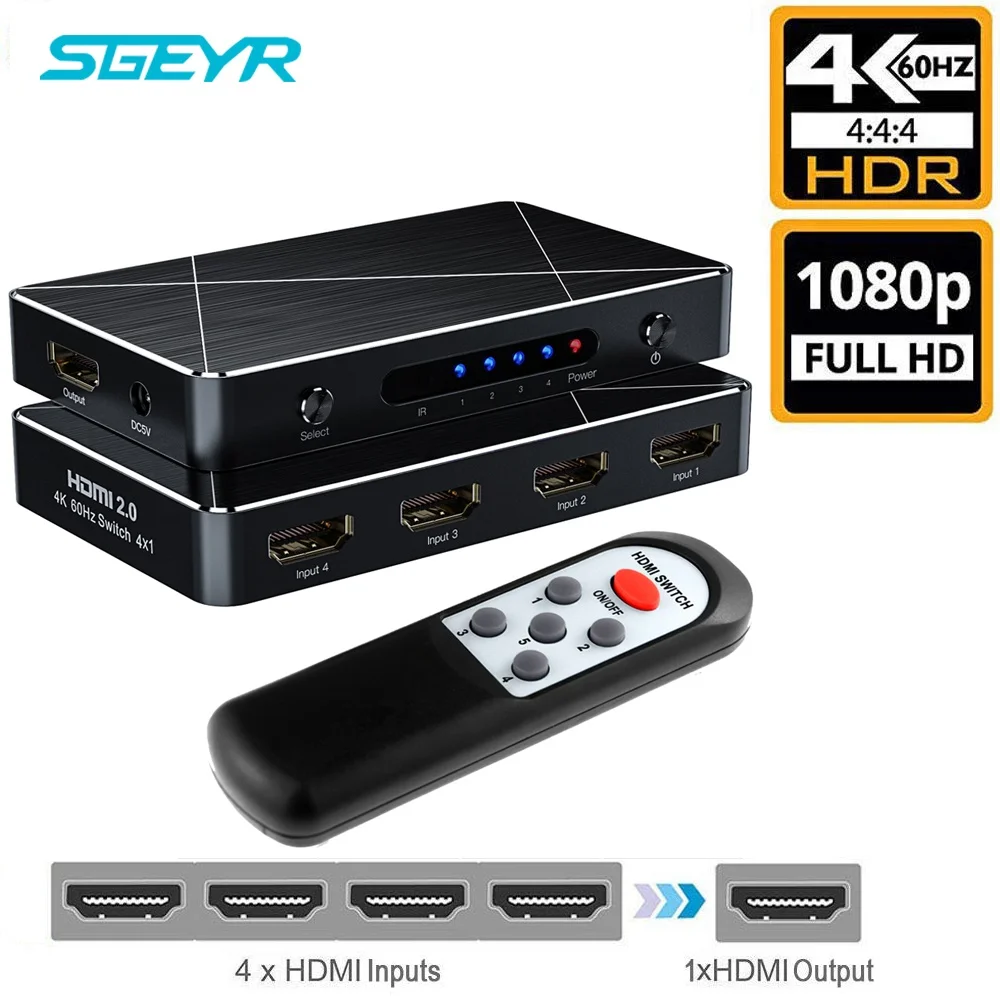 4 port HDMI Switch 2.0 SGEYR 4 to 1 HDMI Switcher Switch 4 in 1 out ...
