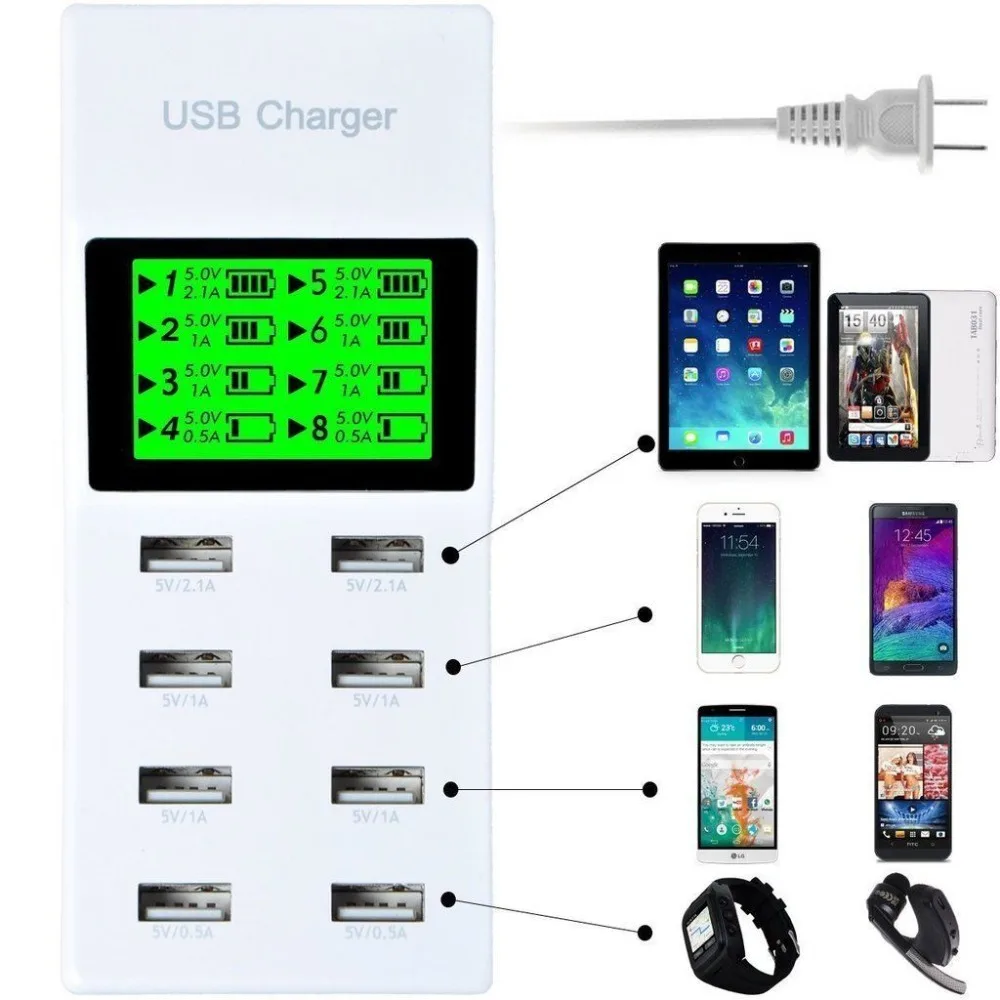 8 Multi-port Usb Adapter Desktop Wall Charger Smart Led Display ...