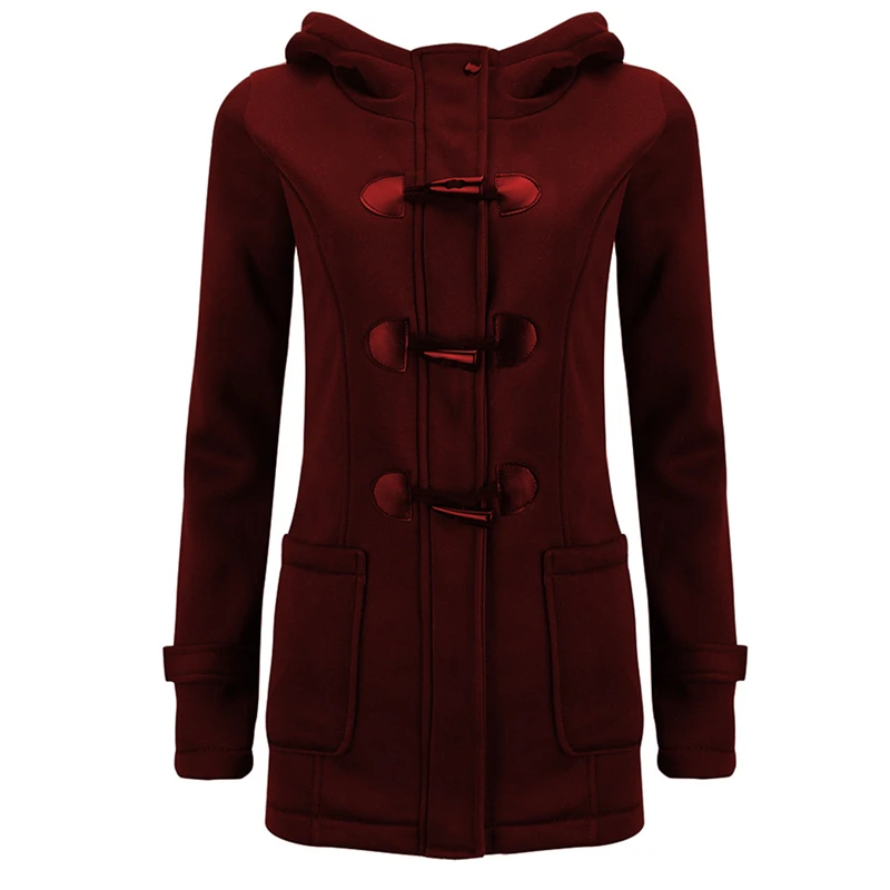 Winter Women Hooded Wool Blend Classic Horn Buckle Leather Coat Women