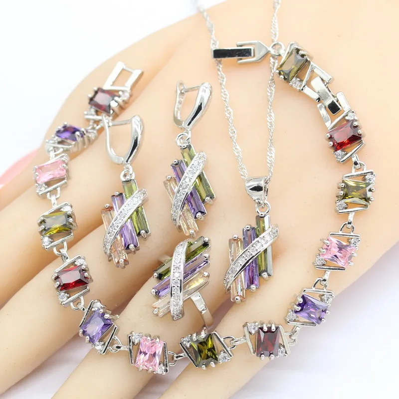 Silver Color Bridal Jewelry Sets for Women Wedding Multi Color Zircon ...