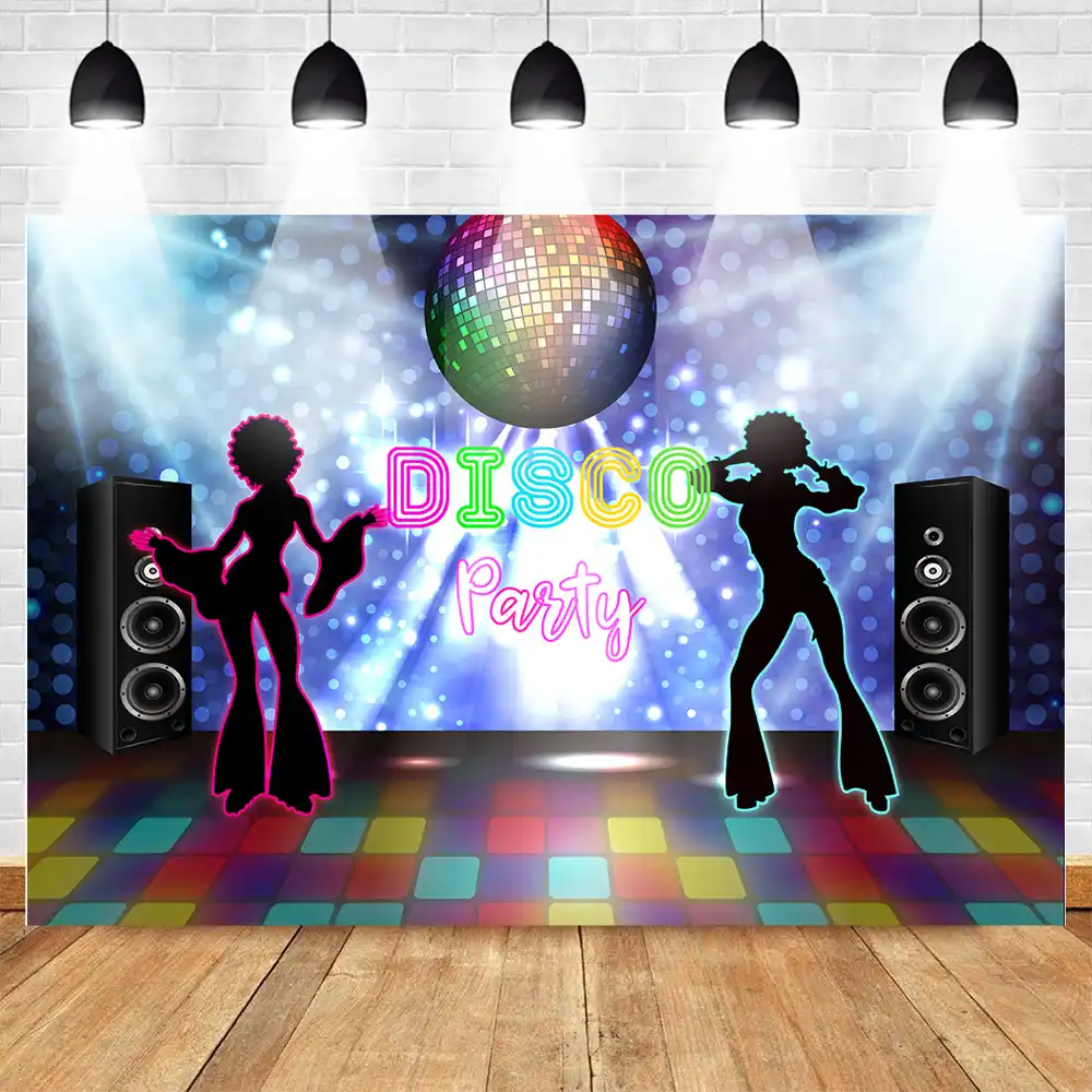 Let's Boogie Party Decoration Backdrop Seventies Rainbow Disco Ball ...