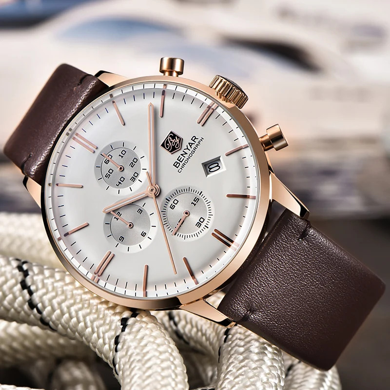 Sport Watches Men Leather Strap Gold Quartz Wrist Watch Army Military ...