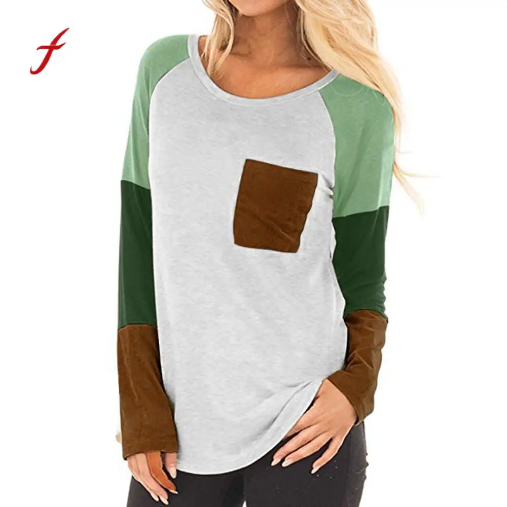 Feitong Quality Spring Tops Women T shirts Ladies Pocket Patchwork ...