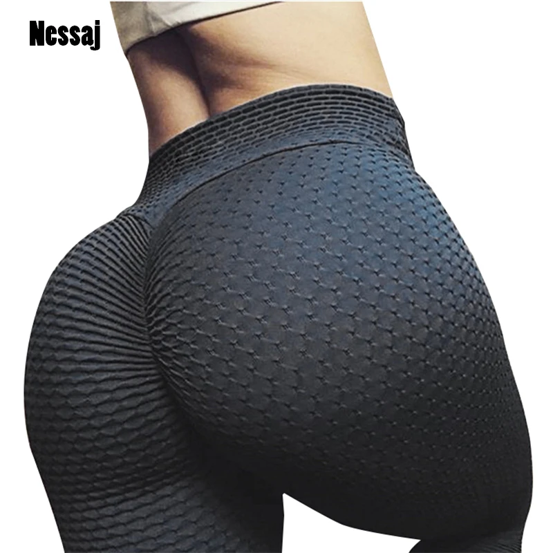 Nessaj Sexy Push Up Women Leggings Casual Slim Fit Pants Plaid Wrinkle